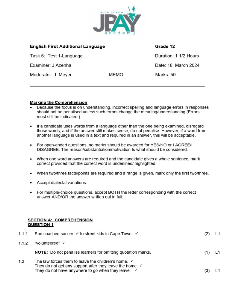 Grade 12 English Test Memo Term 4 | PDF | Linguistics | Cognition