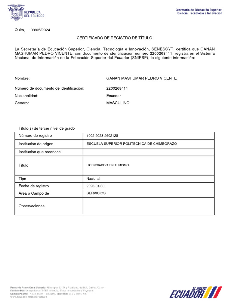 Titulo Pedro Ganan | PDF | Educación más alta | Ecuador