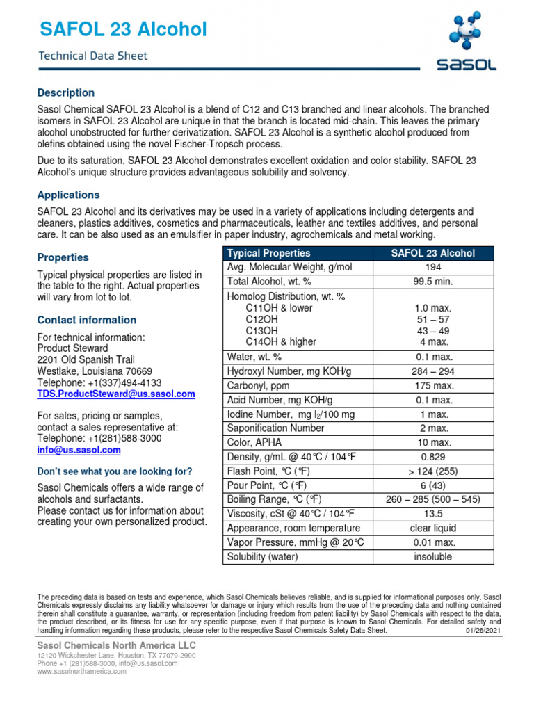 SAFOL 23 Alcohol Product Overview | PDF | Solubility | Chemical Compounds