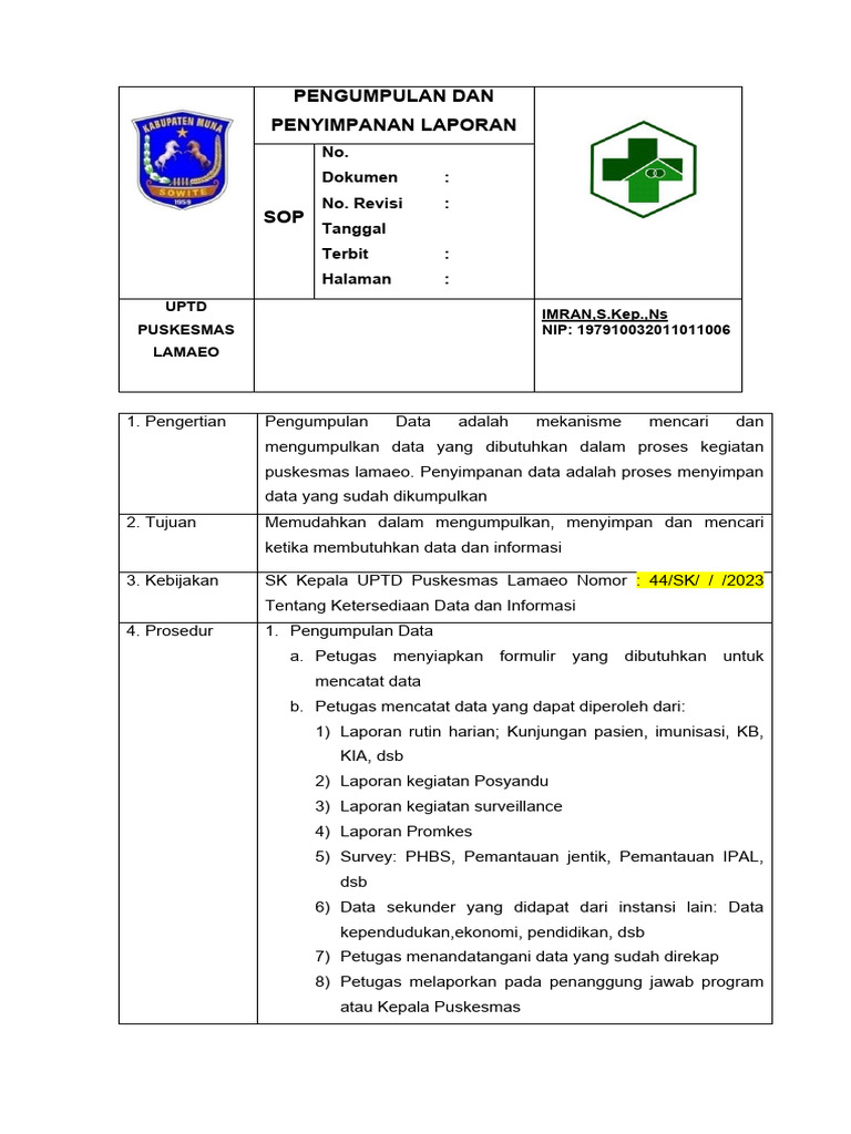 SOP Data Puskesmas Lamaeo | PDF | Sains & Matematika