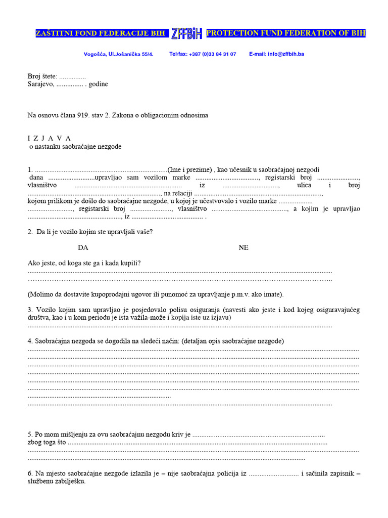 Izjava o Nastanku Saobraćajne Nezgode | PDF