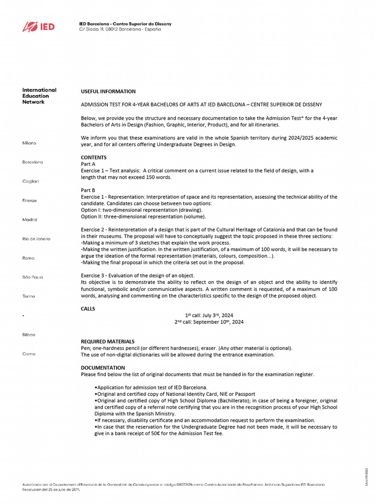 Admission Test Information IED Barcelona | PDF | University And College ...