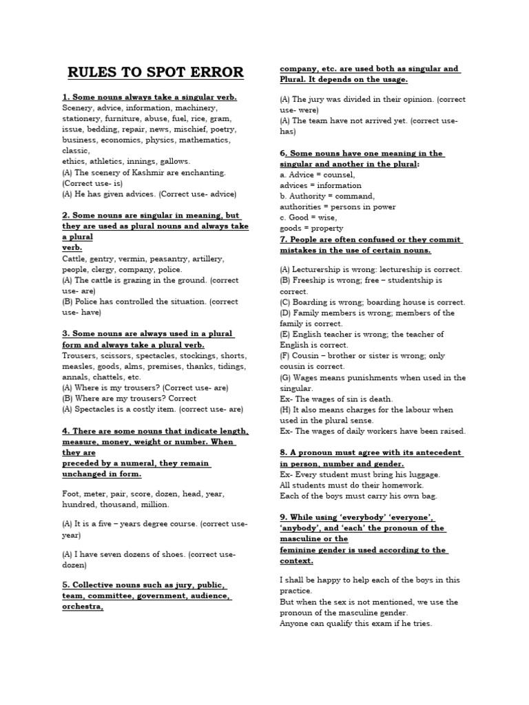 Spotting Error 100 Rules | PDF | Grammatical Number | Plural