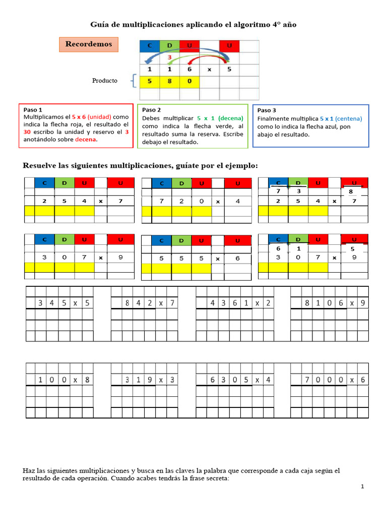 Hojas De Trabajo De Multiplicación Con Algoritmos Estándar