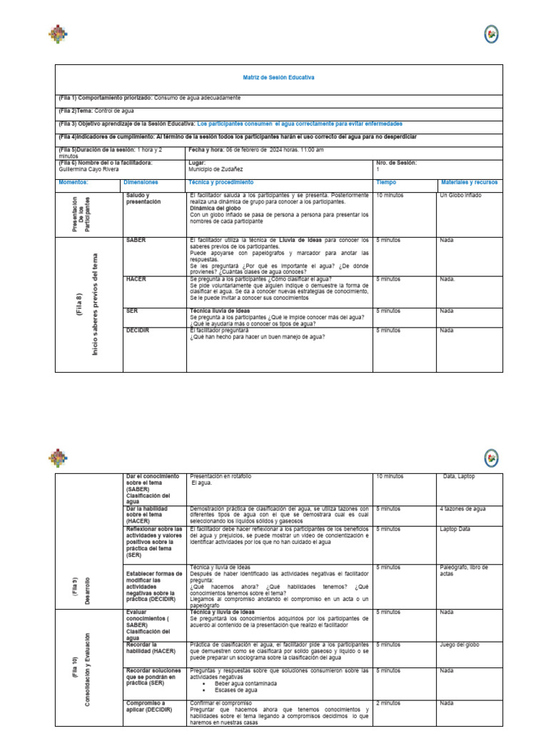Matriz de Sesión Educativa1 | PDF | Agua | Cognición