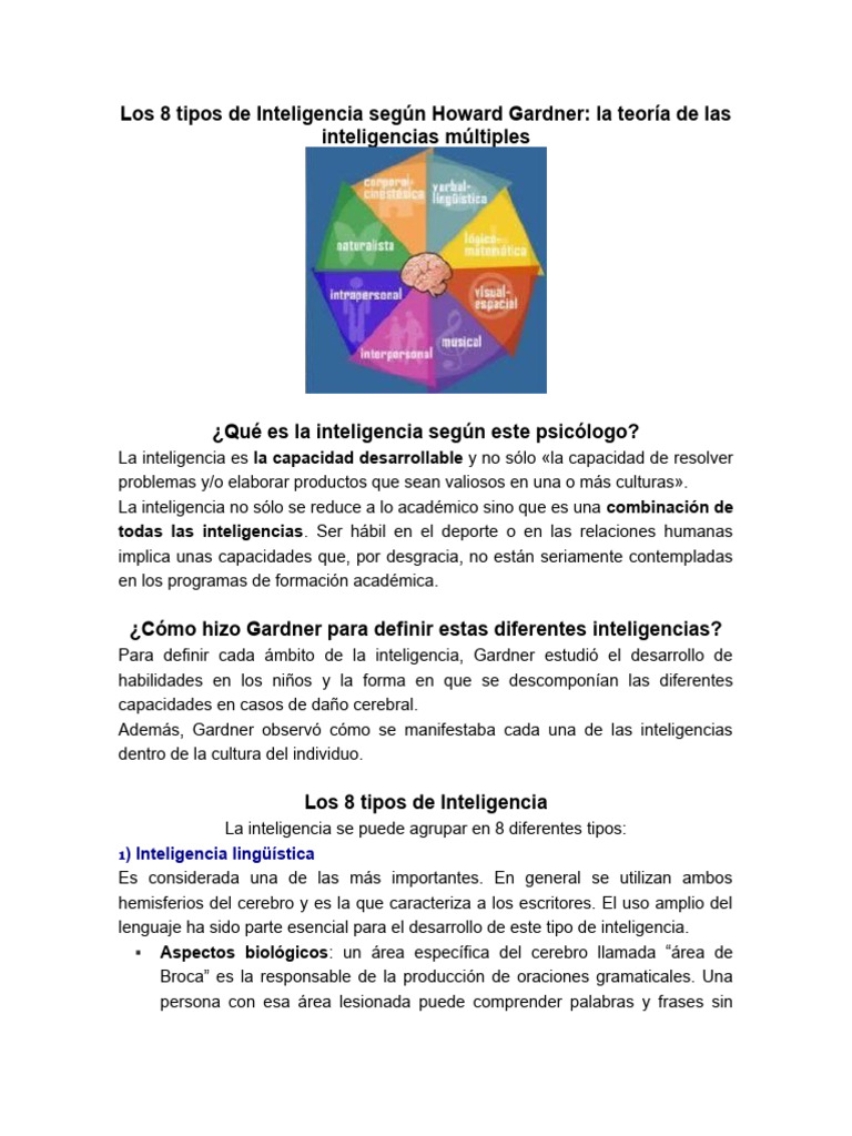 Los 8 Tipos de Inteligencia Según Howard Gardner | PDF | Inteligencia | Hemisferio cerebral