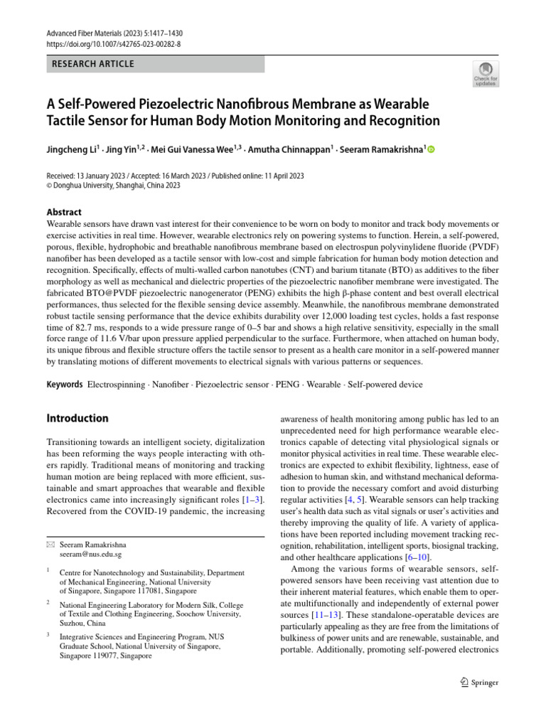 A Self‑Powered Piezoelectric Nanofibrous Membrane as Wearable Tactile ...