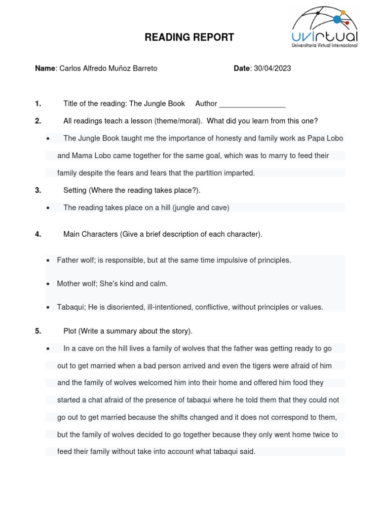 Jungle Book Reading Report | PDF | Language Arts & Discipline