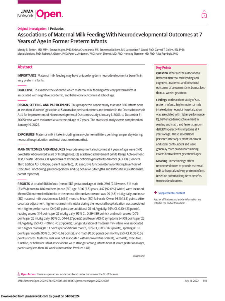Associations of Maternal Milk Feeding With Neurodevelopmental Outcomes ...