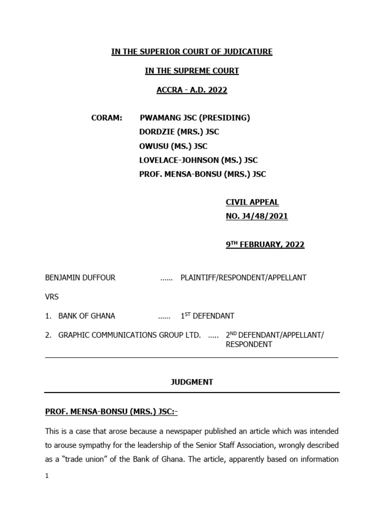 Benjamin Duffour V BOG and Graphic Comm Dafamation | PDF | Defamation ...