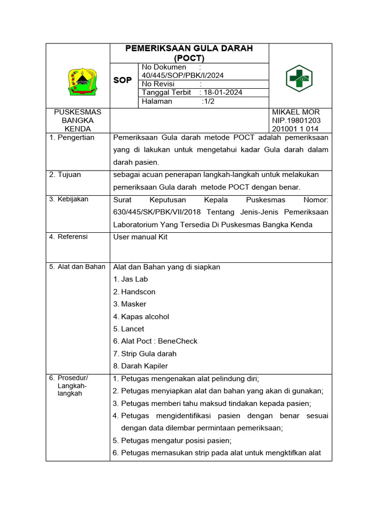 SOP Pemeriksaan Gula Darah | PDF | Pengembangan Diri | Kesehatan Holistik
