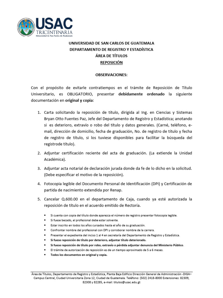 Requisitos Reposicion de Titulo Usac-Economicas | PDF