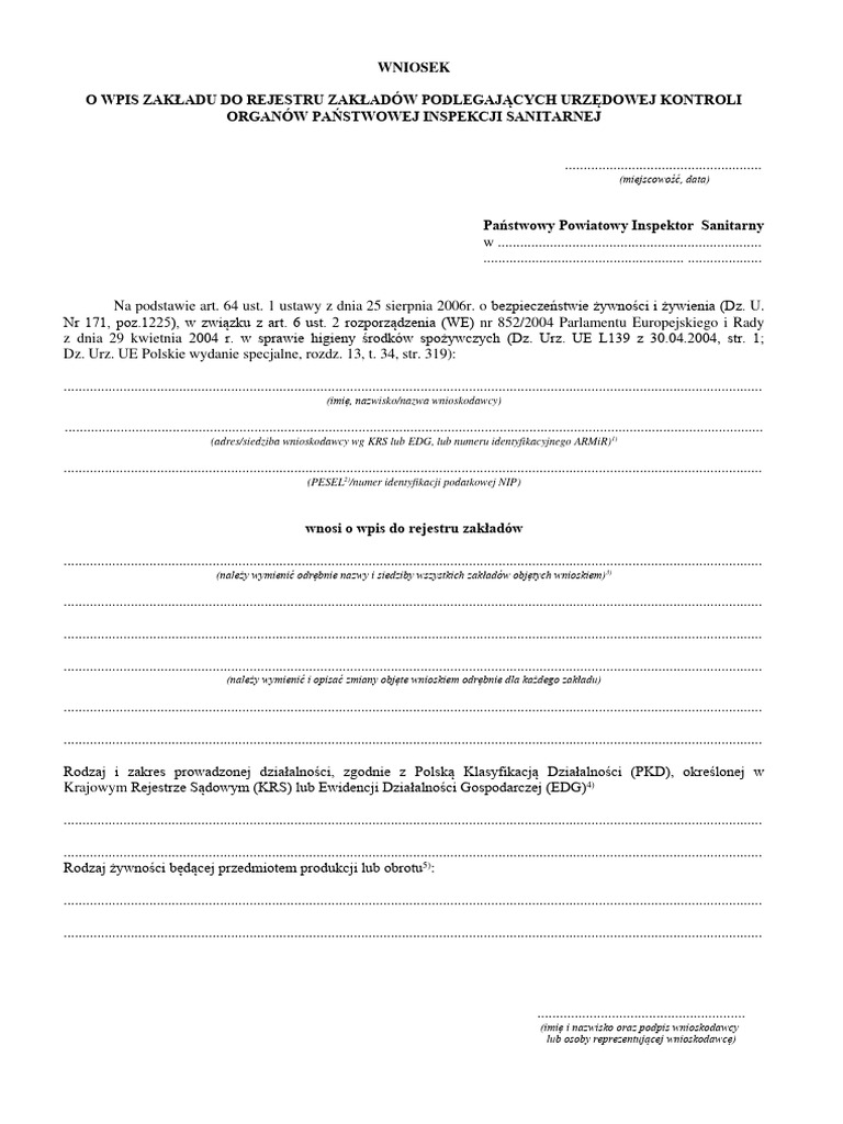 Wniosek o Wpis Zakladu Do Rejestru Zakladow Podlegajacych Urzedowej ...