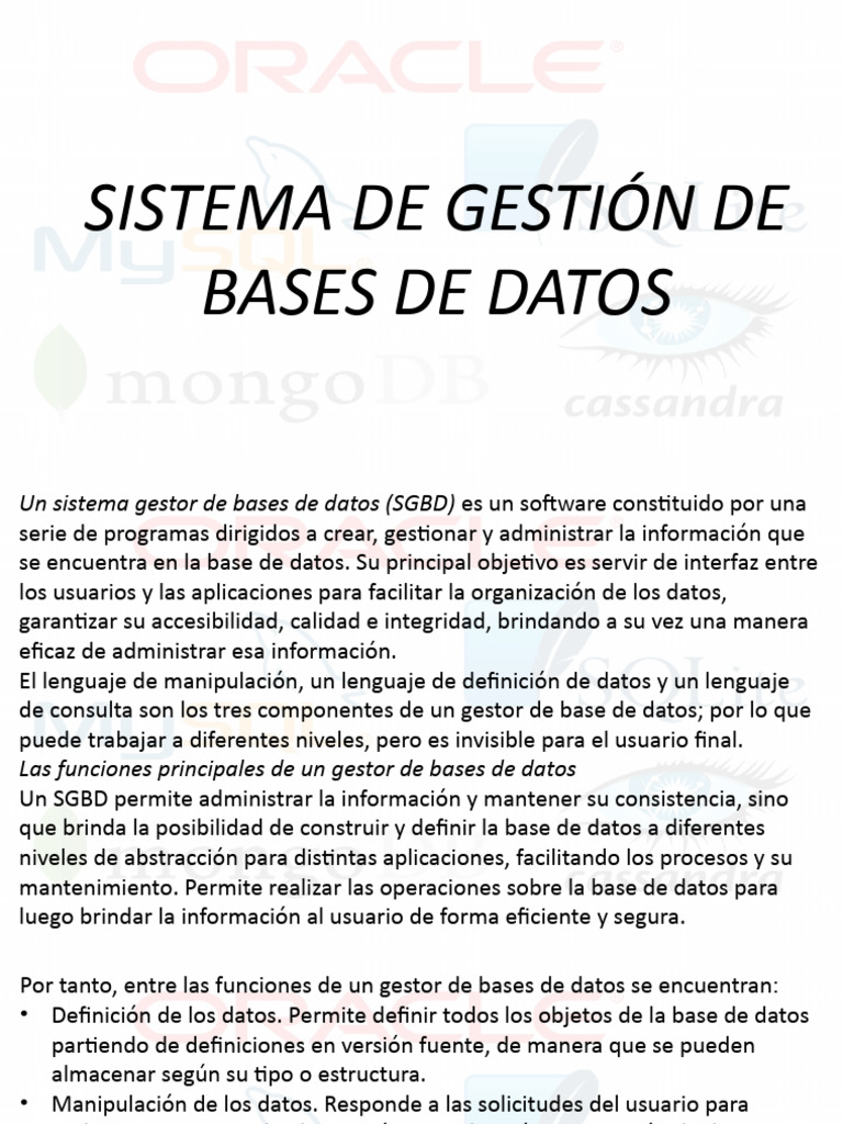 Funciones de un Sistema de Gestión de Bases de Datos | PDF | Bases de ...