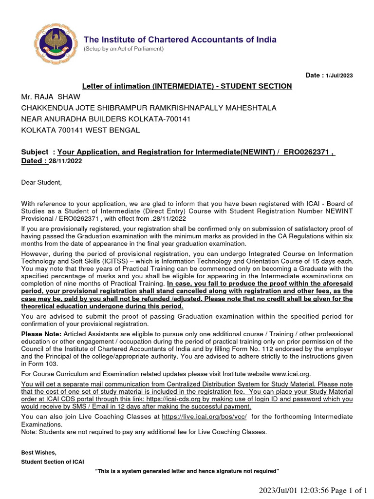 Registration Letter Inter | PDF