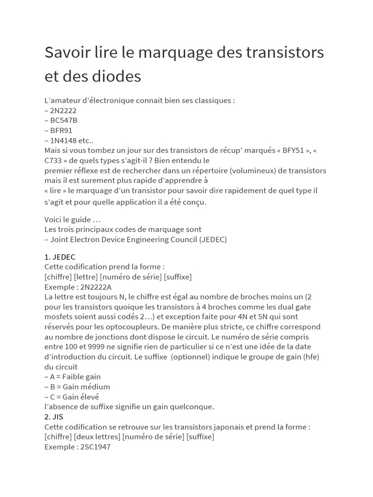 Lire le marquage des transistors et diodes | PDF | Transistor ...
