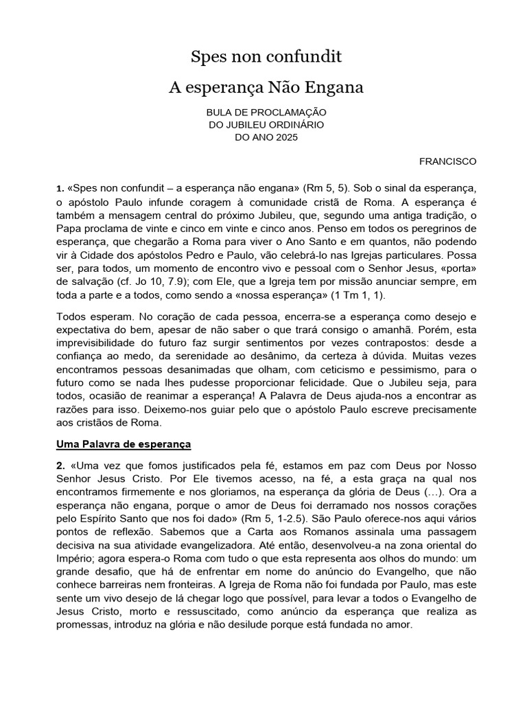 Spes Non Confundit - Bula de Proclamação Do Jubileu Ordinário Do Ano ...
