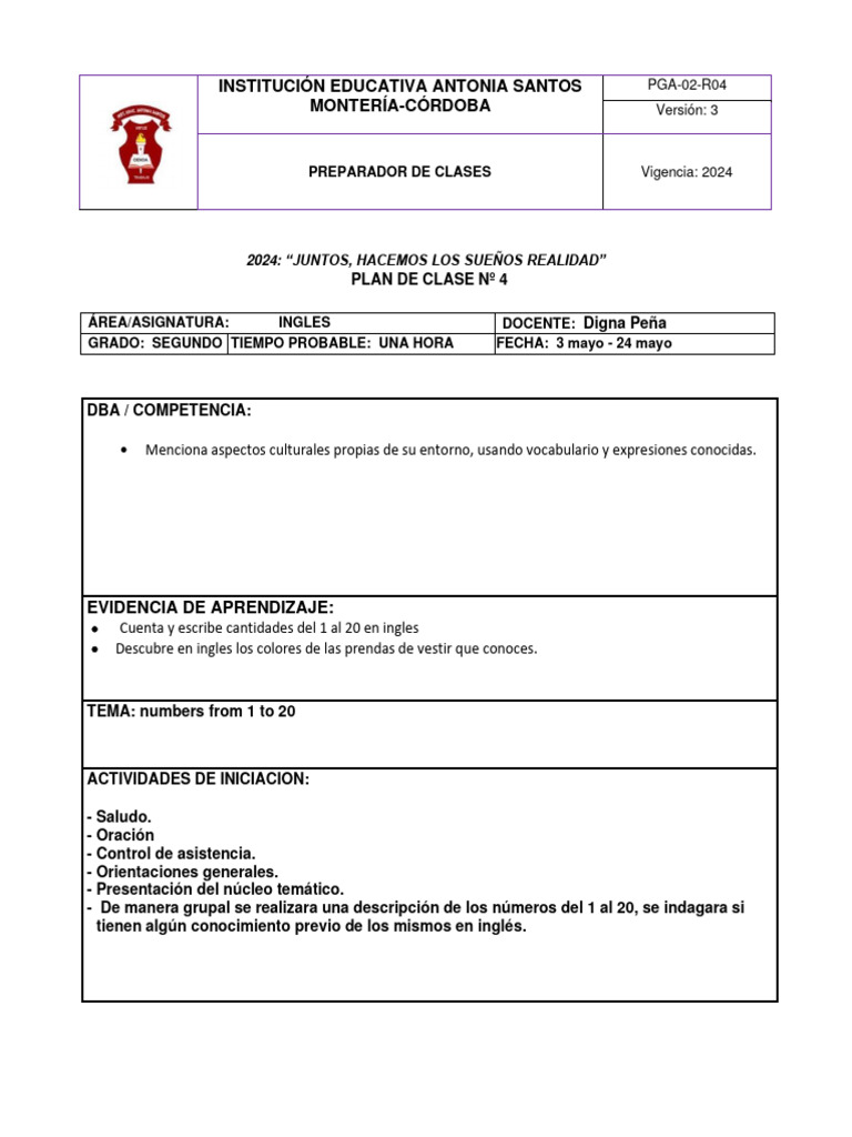 Plan de Clase: Números en Inglés 1-20 | PDF | Comunicación humana ...
