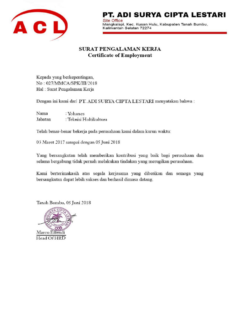 Paklaring Pt. Adi Surya Cipta Lestari-Yohanes | PDF