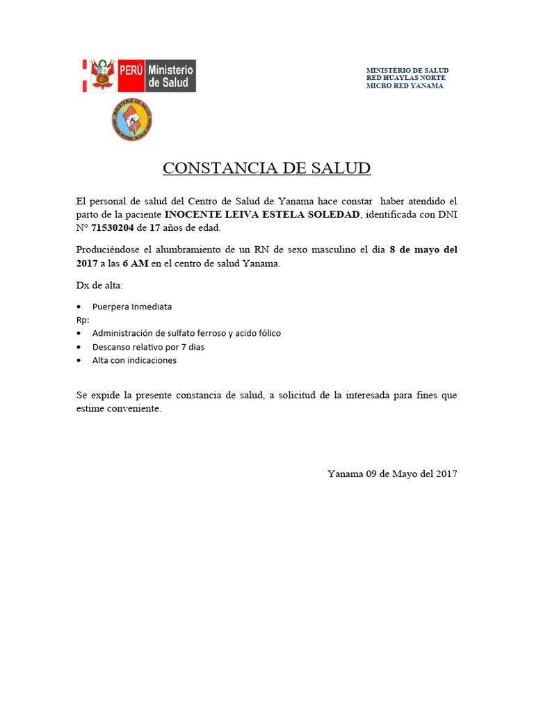 Constancia de Salud | PDF | Medicina | Enfermedades y trastornos