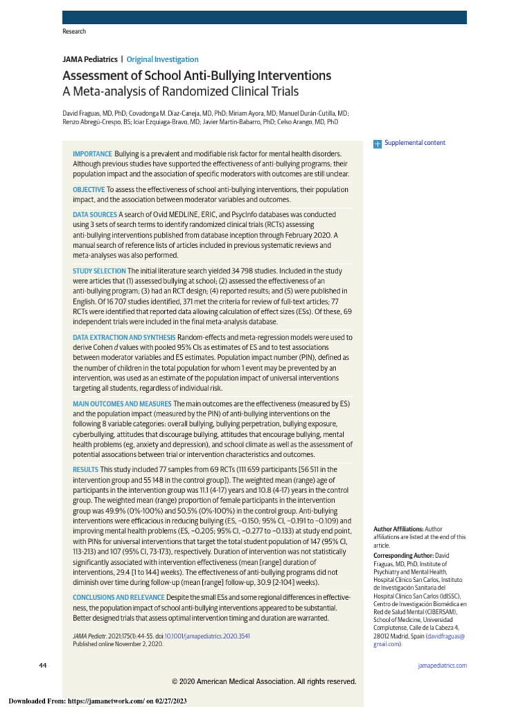 Effectiveness of School Anti-Bullying Programs | PDF | Meta Analysis ...
