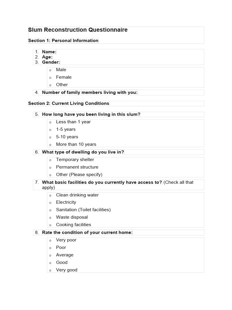 Slum Reconstruction Questionnaire: Section 1: Personal Information ...