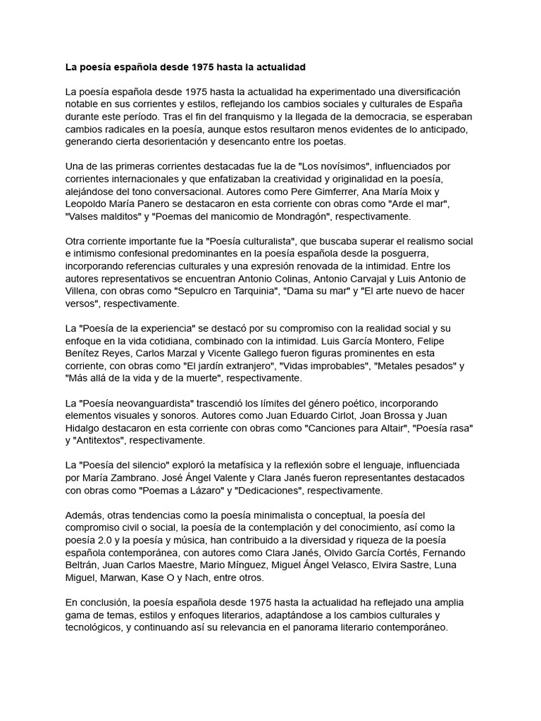 La Poesía Española Desde 1975 Hasta La Actualidad | PDF | Poesía