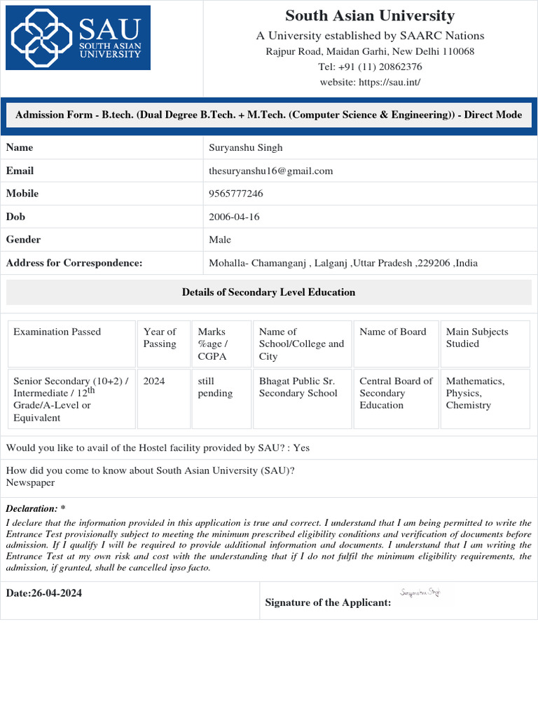 Sau Admission Form JEEMAINS | PDF | Educational Stages