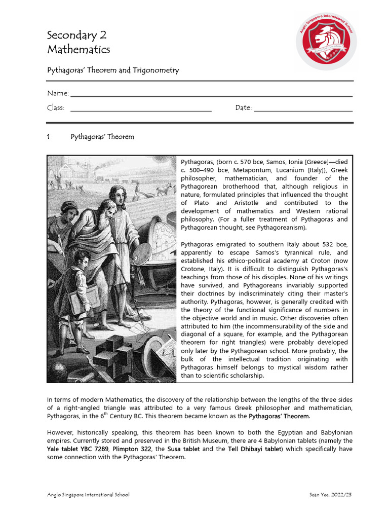 S2 Math - 09 Pythagoras Theorem and Trigonometry - Notes | PDF ...