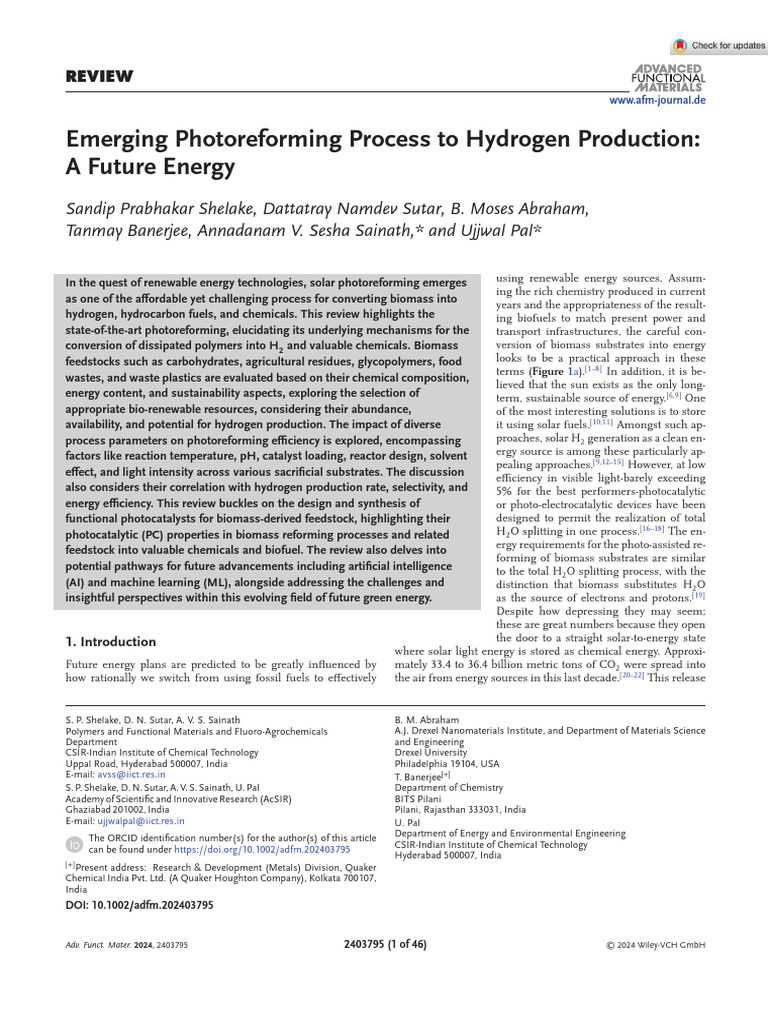 Adv Funct Materials - 2024 - Shelake - Emerging Photoreforming Process to Hydrogen Production A ...