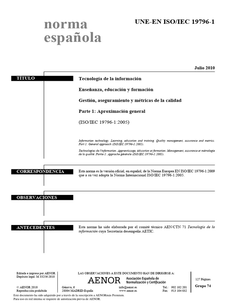 Une-En Iso - Iec 19796-1 Julio 2010 | PDF | Calidad (comercial) | Organización internacional ...