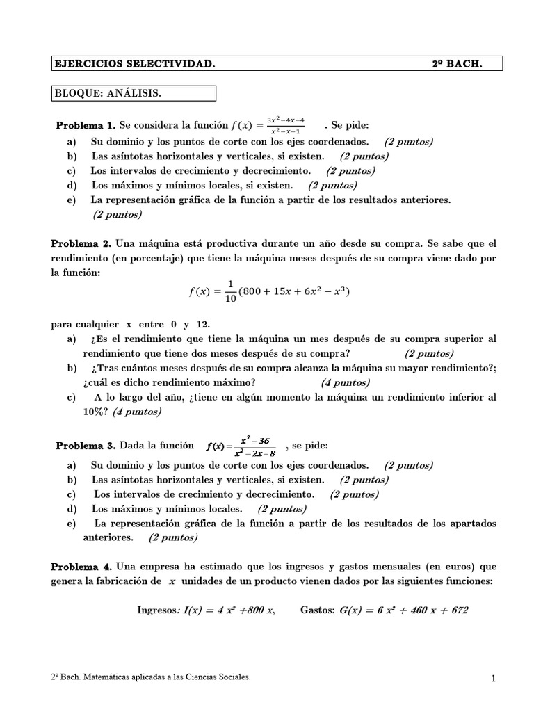 Ejercicios Selectividad Análisis | PDF | Asíntota | Función (Matemáticas)