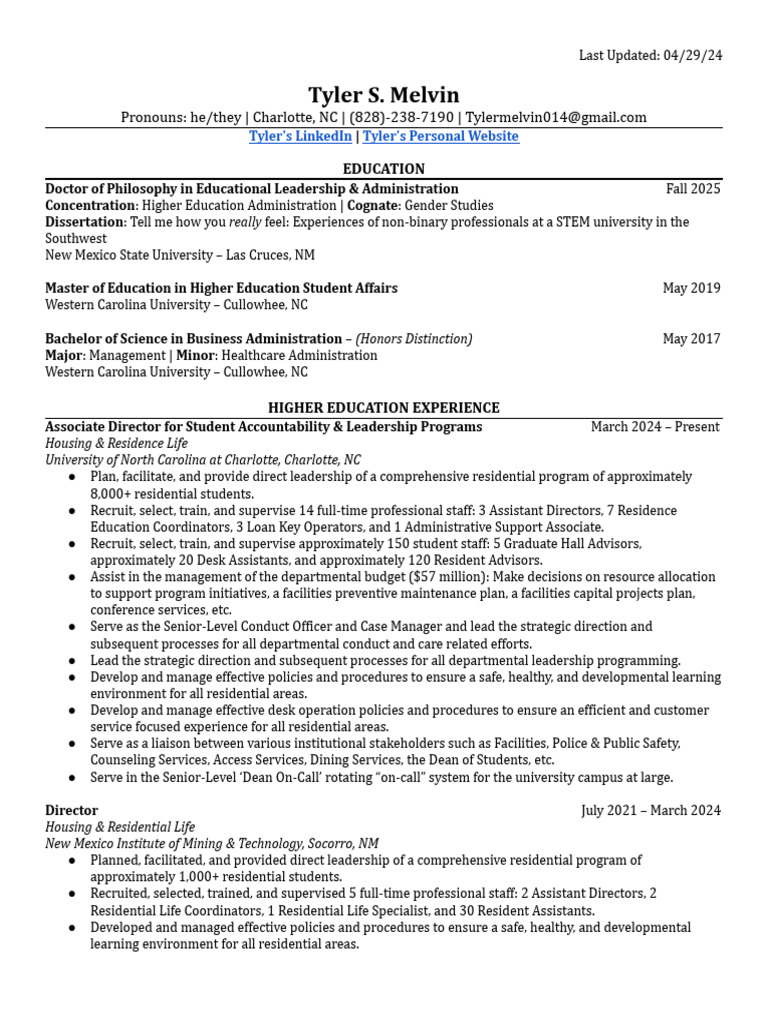 cv - tyler s | PDF | Student Affairs | Dormitory