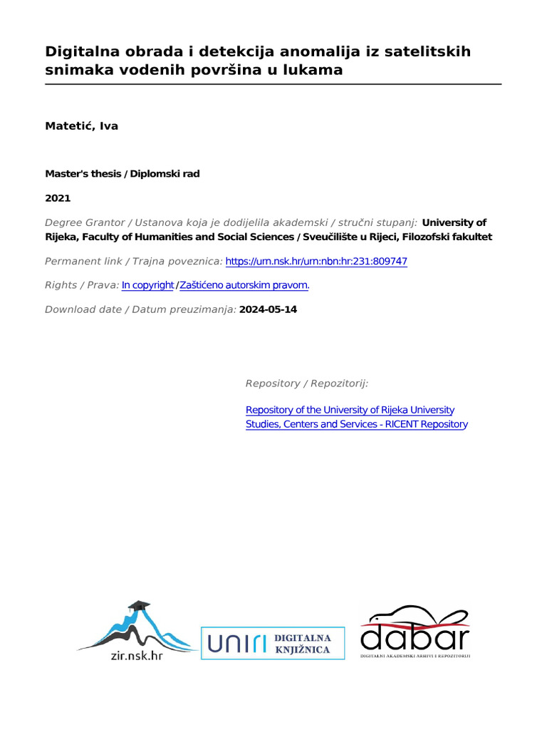Digitalna Obrada I Detekcija Anomalija Iz Satelitskih Sniaka Vodenih Površina | PDF