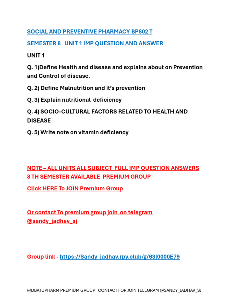 Social and Preventive Pharmacy Imp Question and Answers | PDF | Diet & Nutrition | Diet (Nutrition)