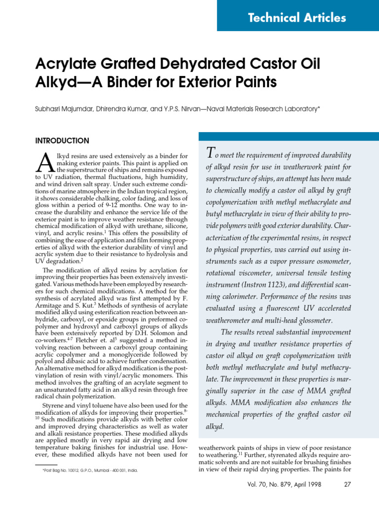 APR96 Acrylate Grafted Dehydrated Castor Oil Alkyd | PDF | Polymers ...