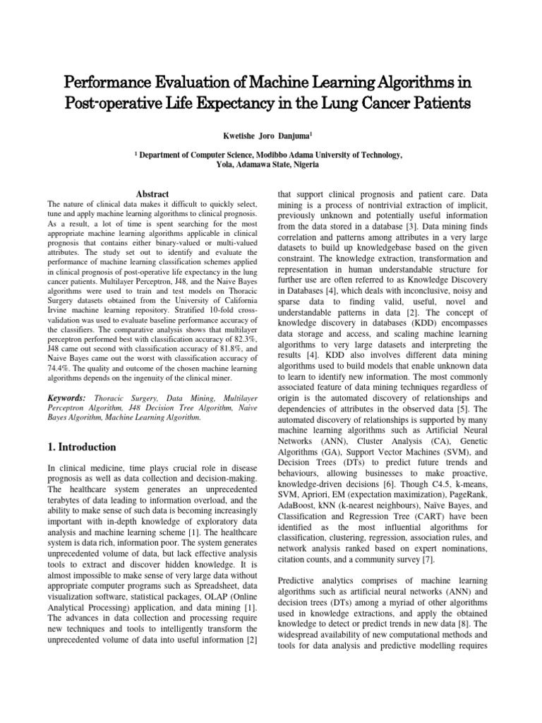 Performance Evaluation of Machine Learning Algorithms in Post-Operative Life Expectancy in The ...