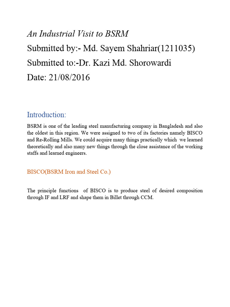 An Industrial Visit To BSRM | PDF | Steel | Building Materials