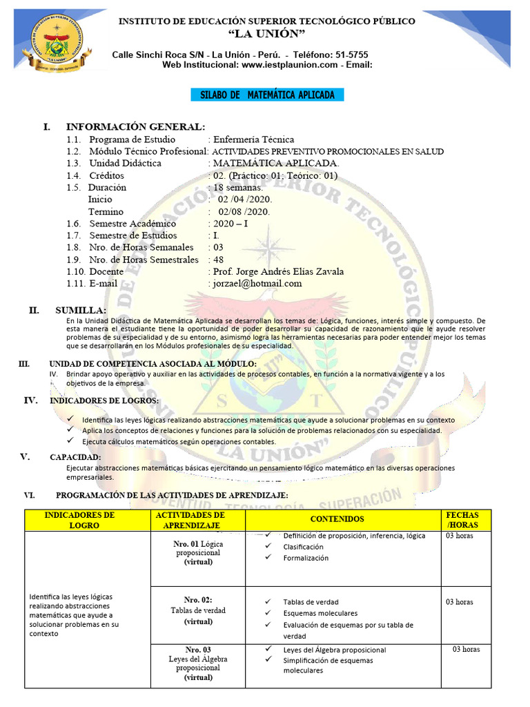 SILAB MATEMATICA APLIC.-enfermeria | PDF | Proposición | Inferencia