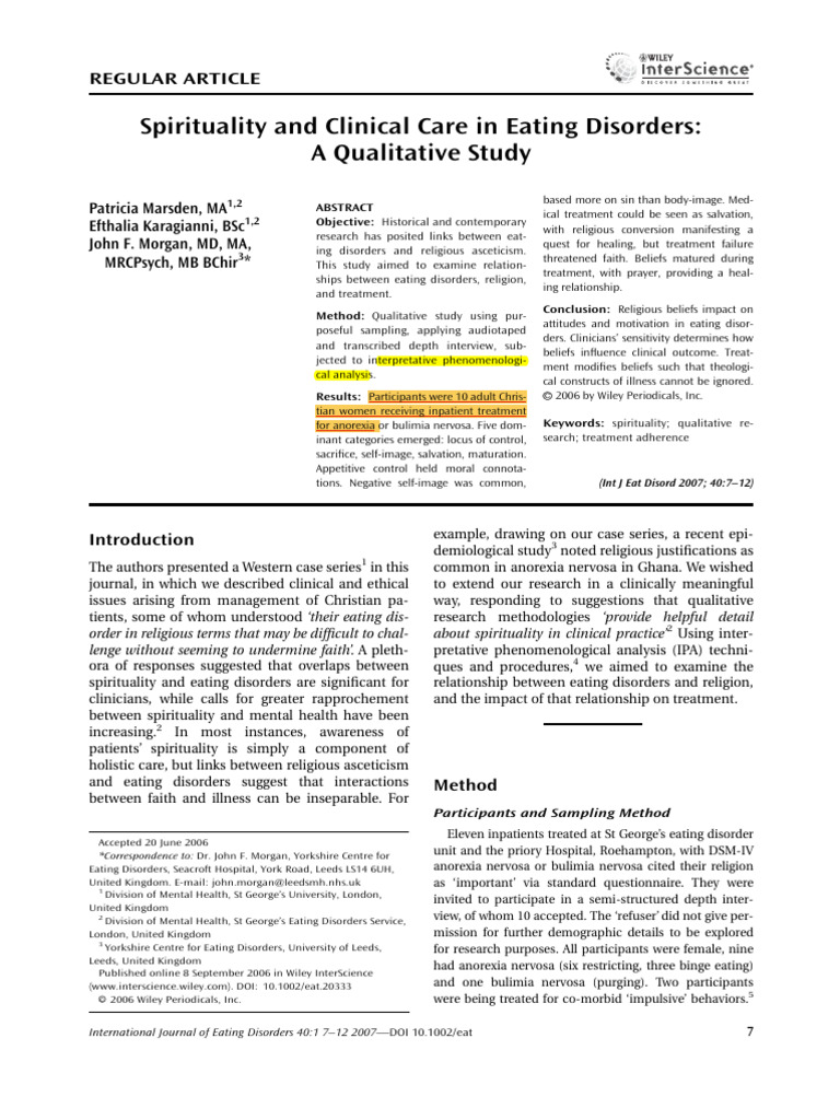 IPA - Spirituality and Clinical Care in Eating Disorders | PDF | Eating ...
