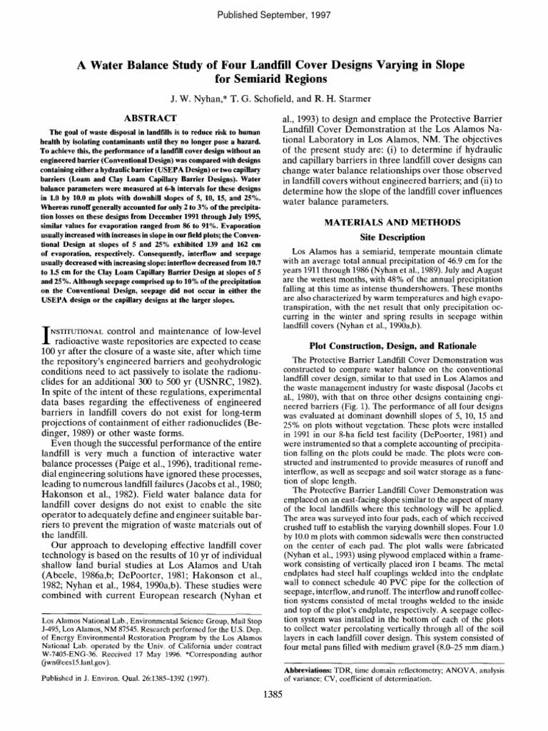 A Water Balance Study of Four Landfill Cover Designs Varying in Slope ...