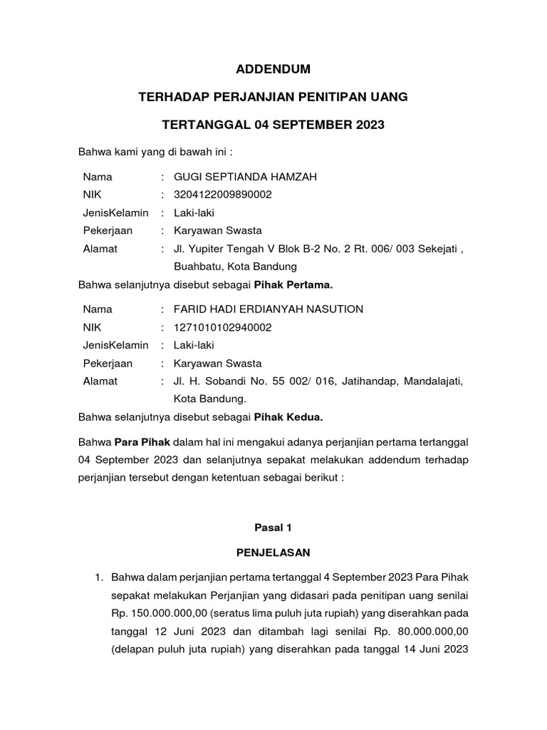 Addendum Perjanjian Penitipan Uang | PDF | Politik | Hukum