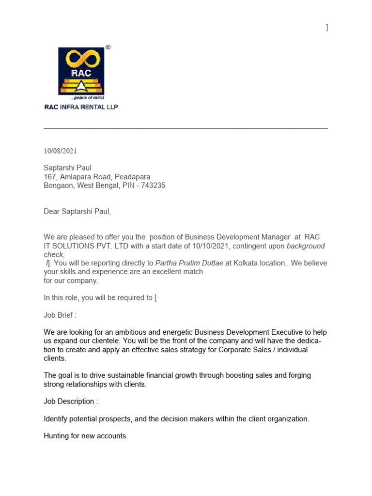 Offer Letter. RAC | Download Free PDF | Employment | Business