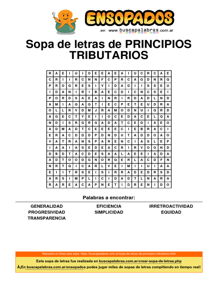 Sopa de Letras de Principios Tributarios | PDF