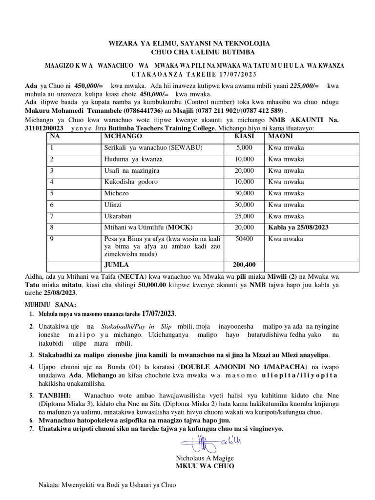 Maagizo Muhimu Kwa Wanachuo 2023 - 2024 | PDF