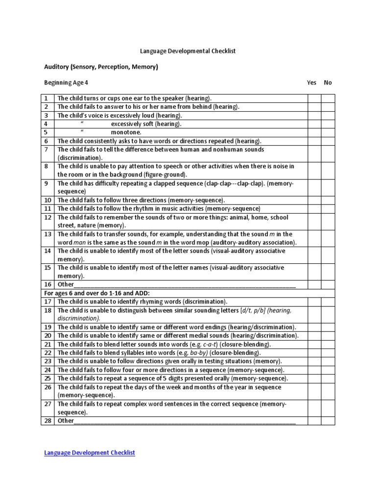 Language Developmental Checklist | PDF | Speech | Stuttering