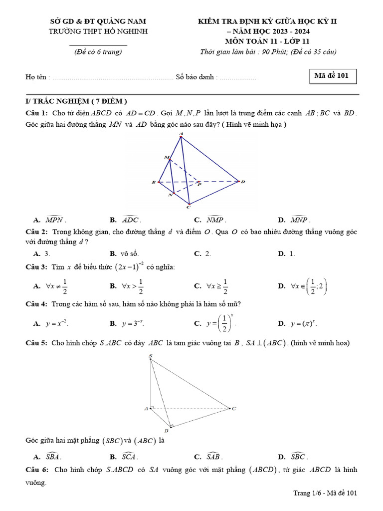 De Giua Hoc Ky 2 Toan 11 Nam 2023 2024 Truong Thpt Ho Nghinh Quang Nam | PDF