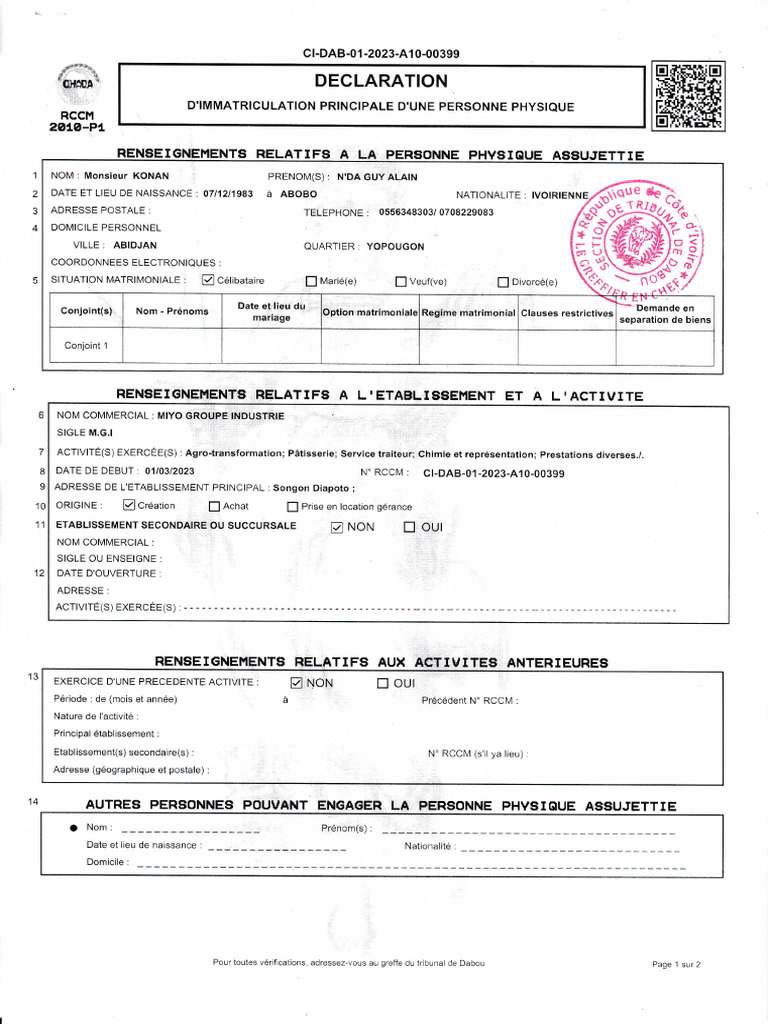 RCCM - Miyo | PDF | Organisations légales | Loi publique