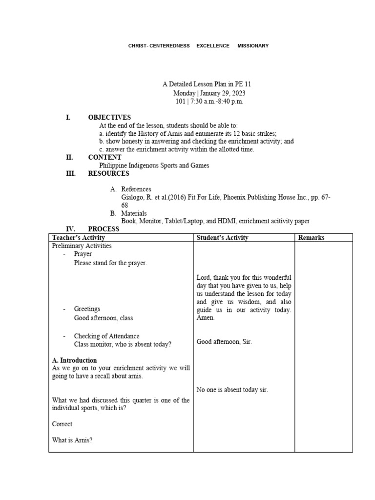 Arnis Lesson Plan for PE 11 Students | PDF