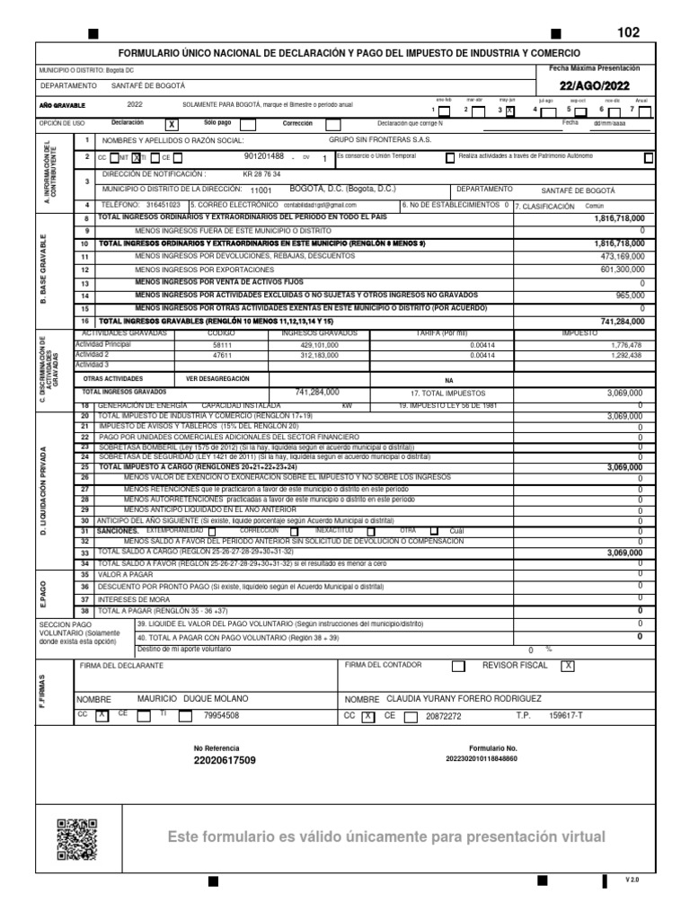Este Formulario Es Válido Únicamente para Presentación Virtual | PDF ...